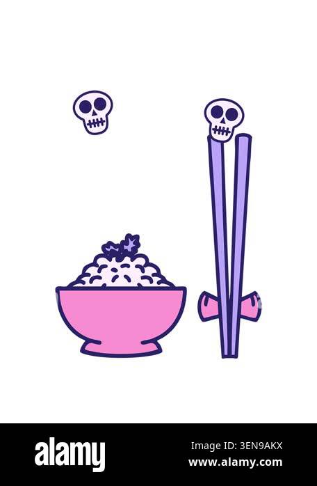 spinning skulls animation of a japanese rice in patterned bowl with ...