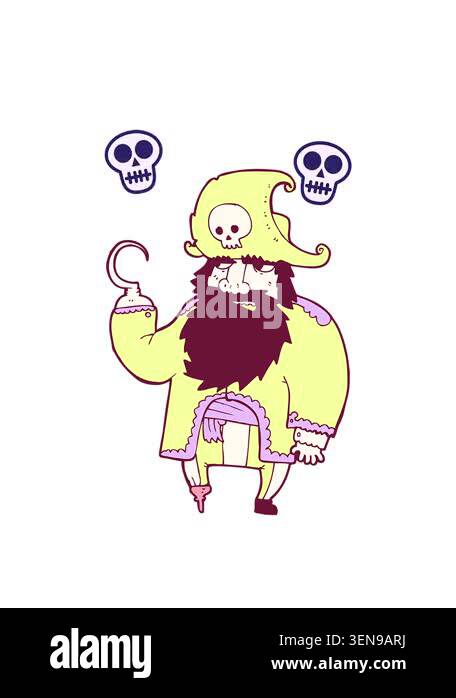 spinning skulls animation of cartoon pirate in bright glow color Stock ...