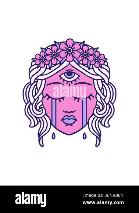spinning motion animation of iconic tattoo style image of female face ...