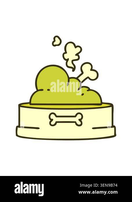 Cartoon-style bowl filled with green dog food, with steaming vapors ...