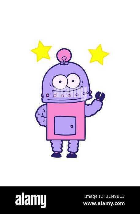 spinning stars animation of a cheerful cartoon robot with light bulb ...