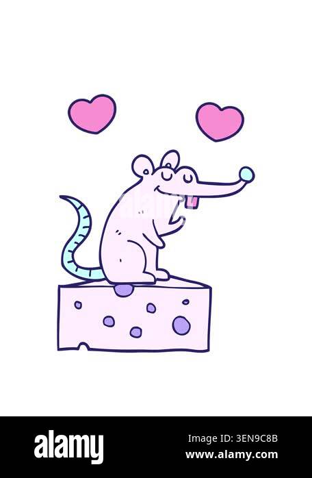 spinning hearts animation of cartoon mouse sitting on cheese Stock ...