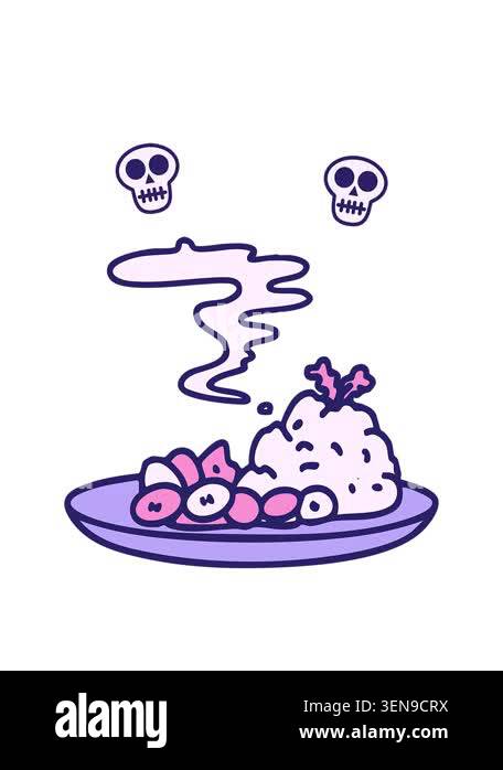 spinning skulls animation of a steaming japanese rice and beans meal ...