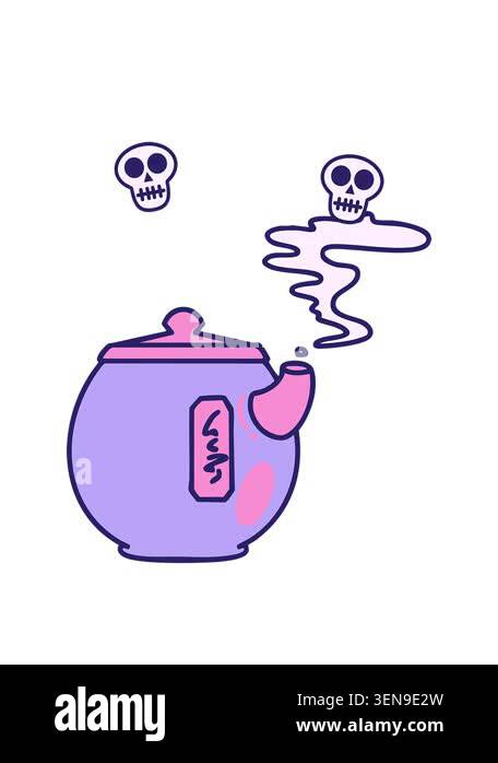 Cartoon teapot emitting smoke with skulls above in a whimsical style ...