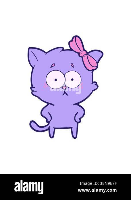Cute purple cartoon cat character with a pink bow, standing with hands ...