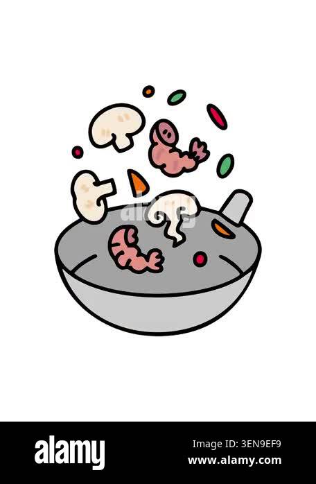 Animated illustration of shrimps and mushrooms cooking in a gray bowl ...