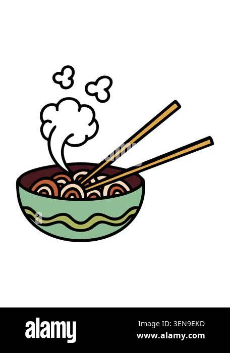 bob and pause animation of steaming bowl of noodles with chopsticks ...