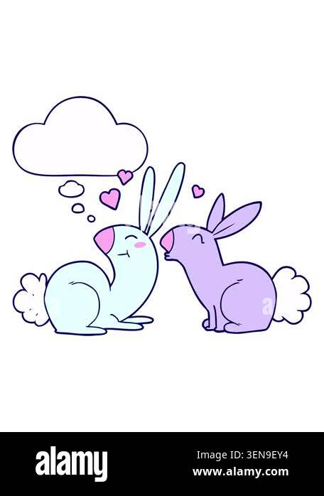 neon light effect animation of cartoon rabbits in love with thought ...