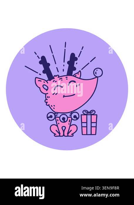 Cartoon animal with antlers and gifts in a festive design on a purple ...