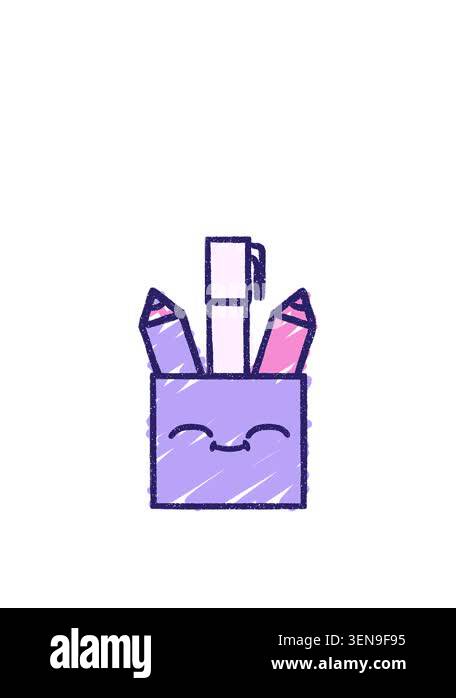 Smiling purple pencil holder with colored pencils and a pen standing ...