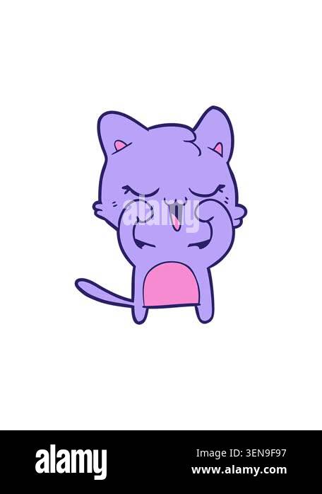 Cute purple cat character with closed eyes expressing joy and happiness ...