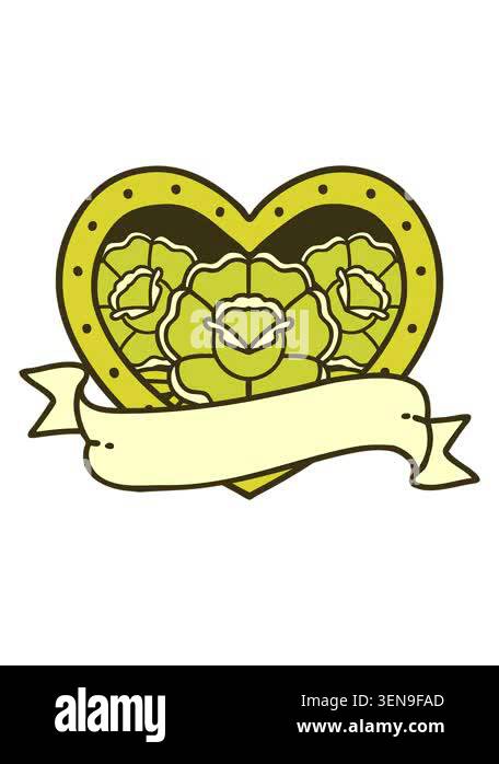 Heart-shaped design featuring green roses and a blank ribbon banner for ...
