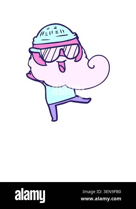 Cartoon character with pink hair and sunglasses dancing joyfully on a ...