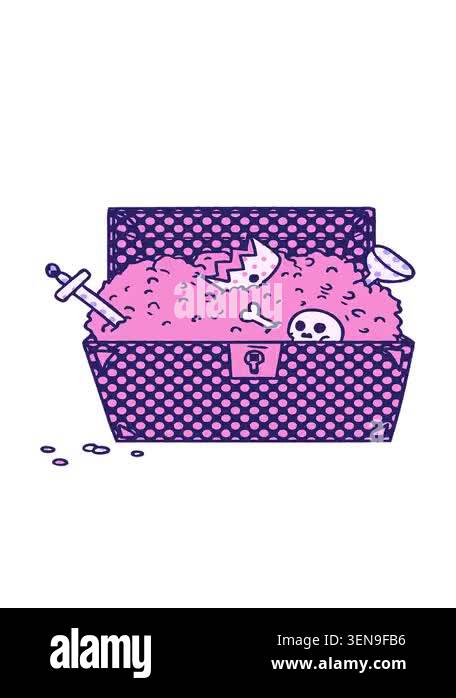 Treasure chest filled with pink stuffing, bones, and a skull, against a ...