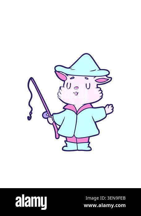 Cartoon cat wearing a blue outfit and hat, holding a fishing rod with a ...