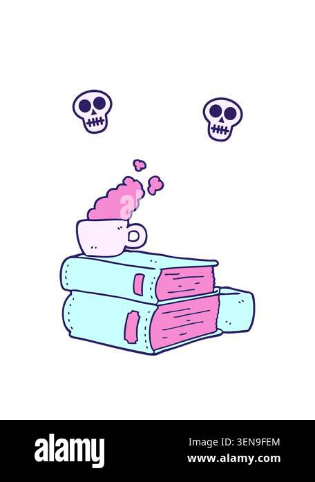 spinning skulls animation of cartoon books and coffee cup Stock Video ...