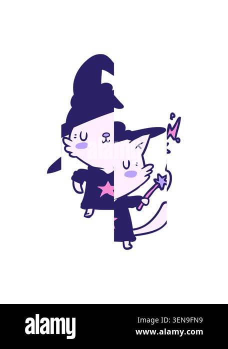 splitting motion animation of a magical amazing cartoon cat wizard ...