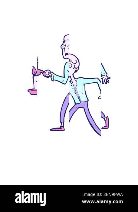 splitting motion animation of cartoon frightened man walking with ...