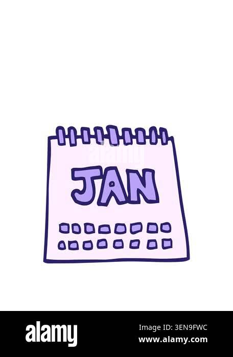 stretching up animation of cartoon doodle calendar showing month of ...