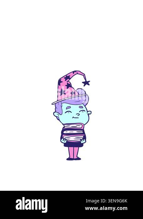 rise and float animation of happy cartoon wizard with stack of new ...