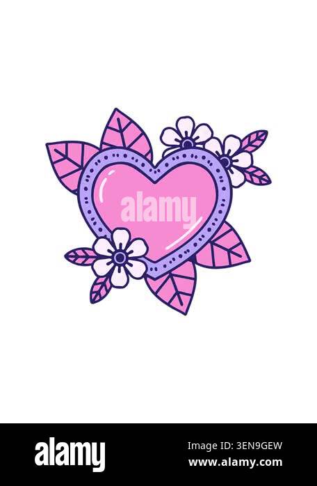 Stylized heart illustration surrounded by flowers and leaves in vibrant ...