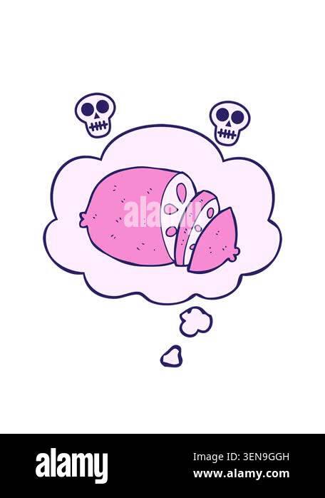 Cartoon pink ham with bones inside, surrounded by skulls in a thought ...