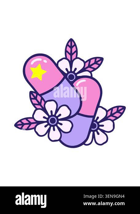 twinkling stars effect animation of iconic tattoo style image of pills ...