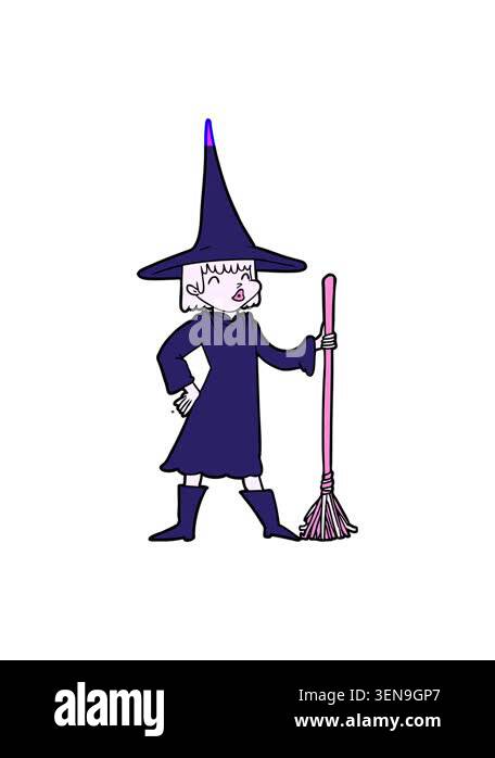 Vertical video showing a cartoon witch in a dark blue dress and pointed ...