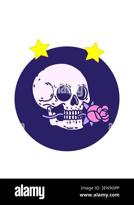 spinning stars animation of an iconic tattoo style drawing of a skull ...