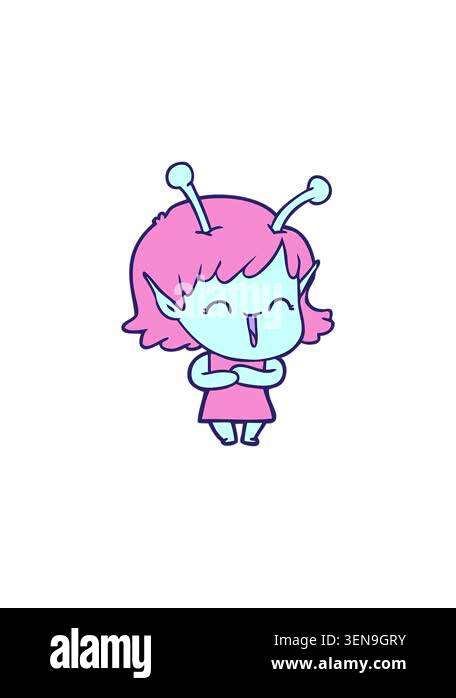 Vertical video showing animated cartoon of a happy alien girl with ...