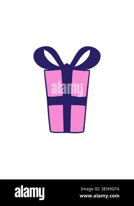Animated pink gift box with a dark blue ribbon and a yellow starburst ...