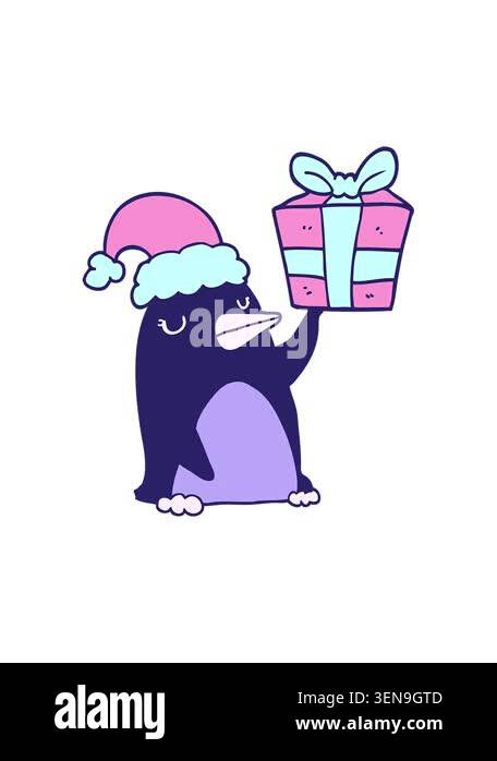 Vertical video showing animated cartoon penguin wearing a Santa hat ...