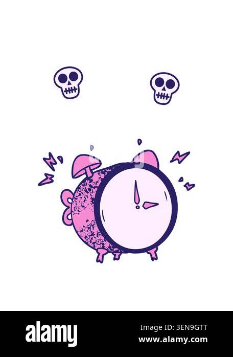 Animated illustration of a pink alarm clock ringing with two skulls ...