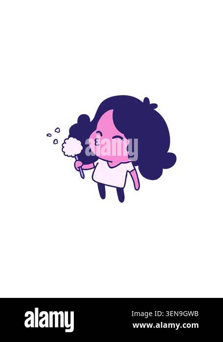 Vertical video showing cute cartoon girl with dark curly hair blowing ...