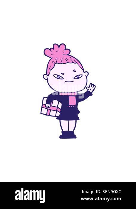 Vertical video showing animated woman with pink hair and scarf holding ...