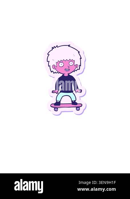 rise and float animation of sticker of a cartoon boy on skateboard ...