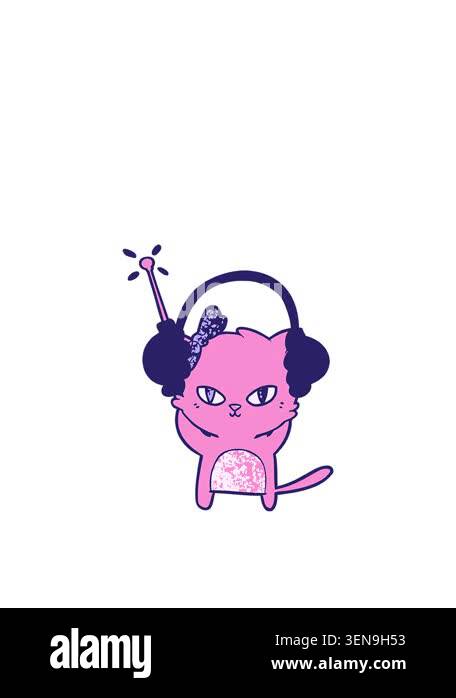 rise and float animation of cute cartoon cat with headphones Stock ...