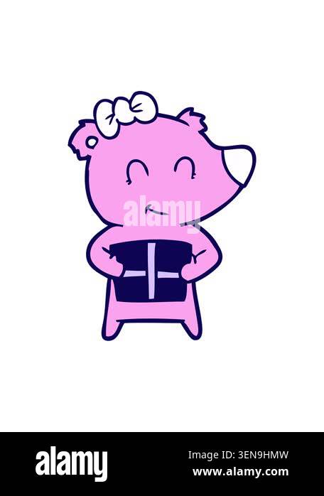 neon light effect animation of bear cartoon character with present ...