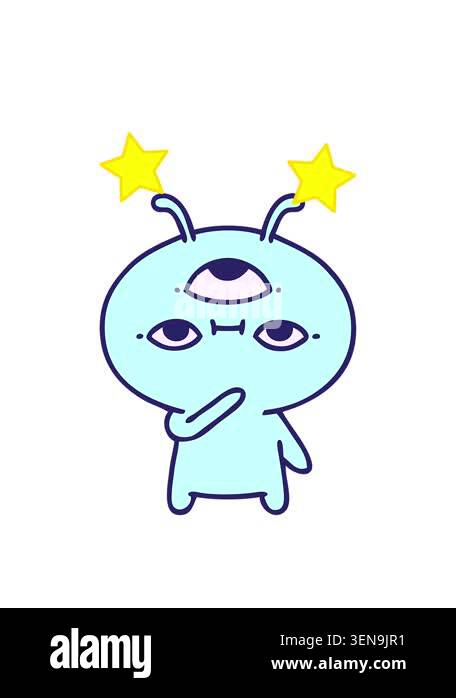 spinning stars animation of cartoon of a small alien looking thoughtful ...