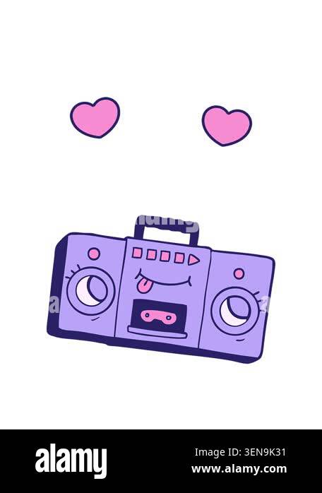 spinning hearts animation of cartoon retro cassette tape player Stock ...