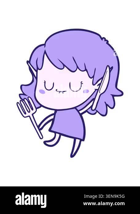 pixelize effect animation of happy cartoon elf girl with knife and fork ...