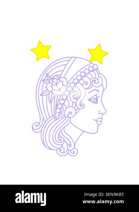 spinning stars animation of tattoo in black line style of a gypsy head ...
