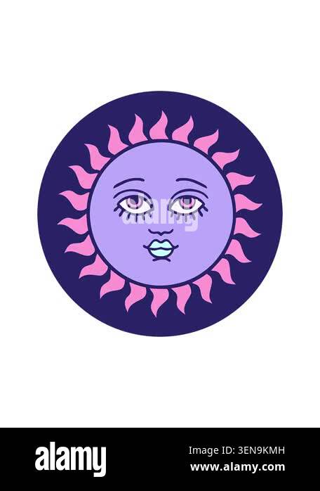 popping motion animation of iconic tattoo style image of sun with face ...