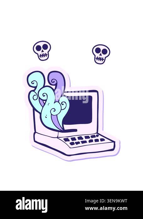 spinning skulls animation of sticker of a cartoon old computer Stock ...