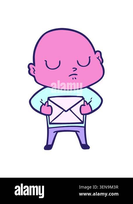 A cartoon of a bald person holding an envelope with a serious ...