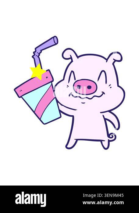 twinkling stars effect animation of nervous cartoon pig with huge soda ...