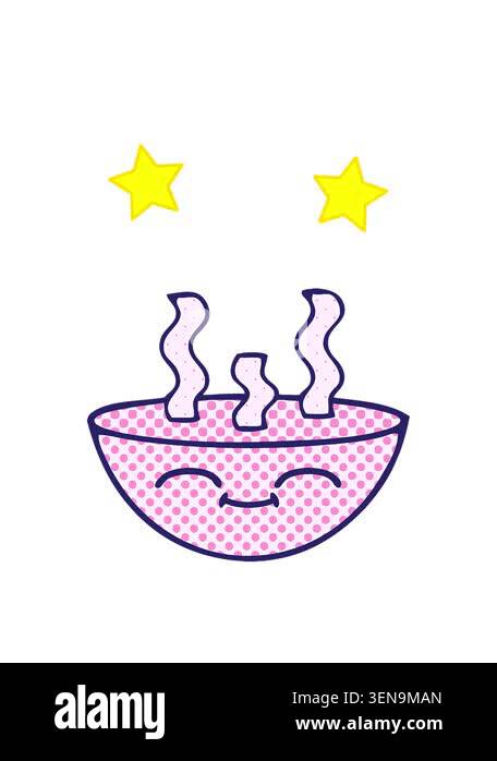 Vertical video showing a cute animated bowl of steaming food with a ...