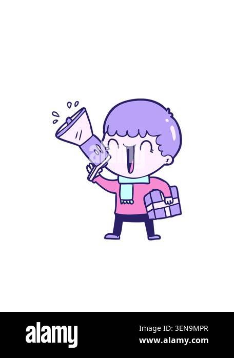 blinking radial lines animation of megaphone cartoon man with present ...