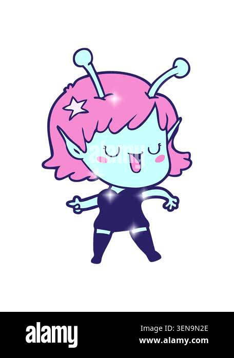 Vertical video showing cute cartoon alien girl with pink hair and ...