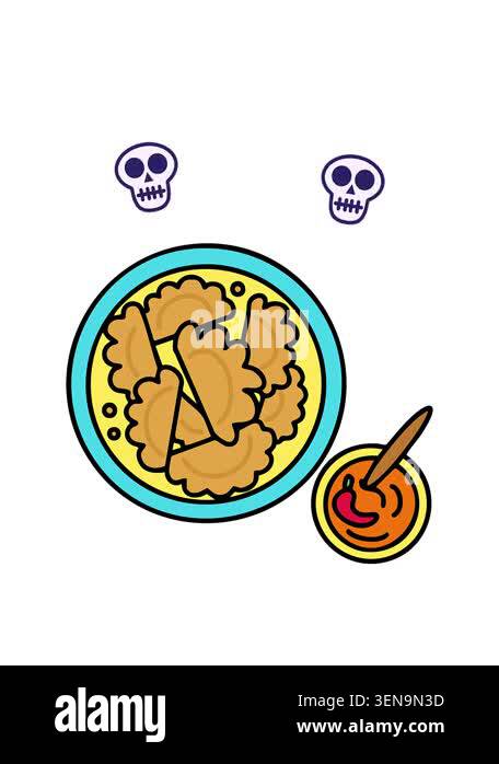 spinning skulls animation of brazil fogazza pastry with chili dip Stock ...